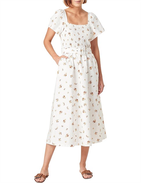 French Connection Linen Shirred Midi Dress | David Jones