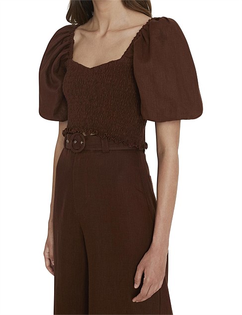 Faithfull the Brand Robina Short Sleeve Almond Linen Shirred Crop Top ...