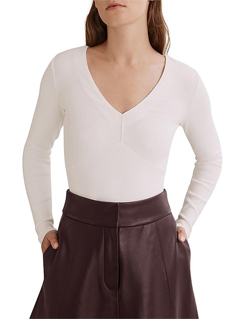 Country Road Deep V Rib Long Sleeve Top | David Jones