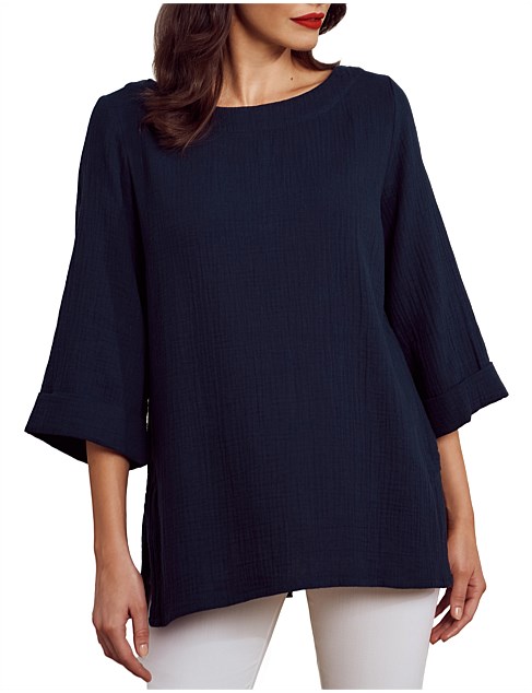 Blue Illusion Cotton Button Back Top | David Jones
