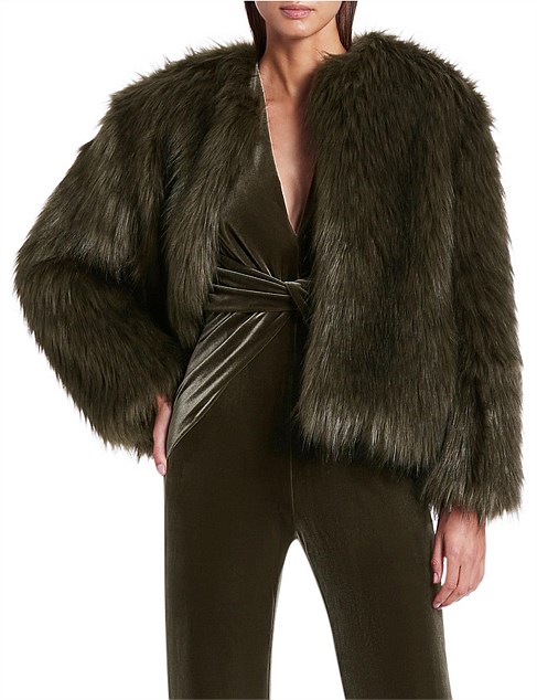 Carla Zampatti Olive Faux Fur Hug Me Jacket | David Jones