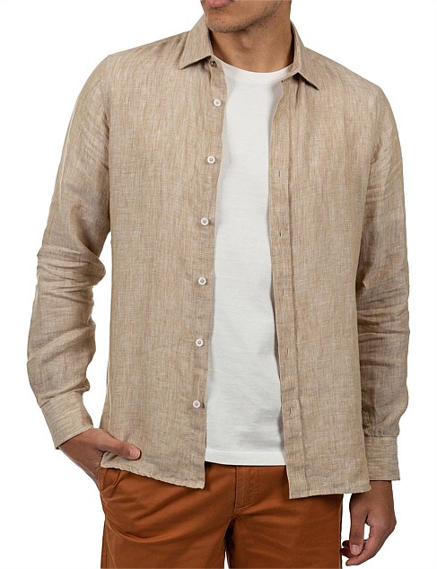 James Harper Ls Khaki Linen Shirt | David Jones
