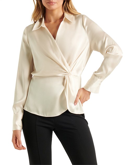 Women's Tops: Tshirts, Shirts & Singlets | David Jones - ABBIE SATIN COLLAR WRAP BLOUSE