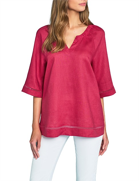 Blue Illusion Gathered French Linen Top | David Jones