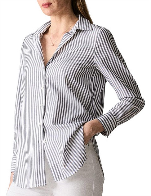 Trenery Cotton Modal Stripe Longline Shirt | David Jones