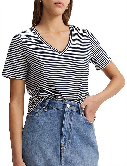 Country Road Australian Cotton Slub Stripe V-neck T-shirt | David Jones