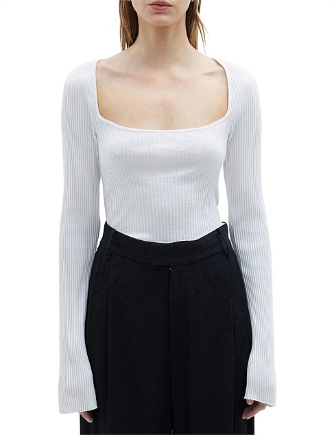 Bassike Drapey Rib Square Neck Long Sleeve Top | David Jones