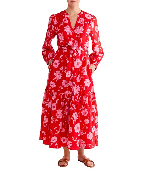 David Jones Long Sleeve Belted Linen Viscose Maxi Dress | David Jones