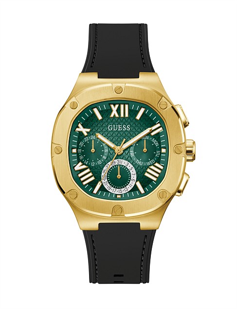 Guess Headline Green Dail Gold Case Black Silicone Watch | David Jones