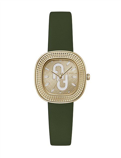 Furla Tv Shape Gold Green Leather Strap Watch | David Jones