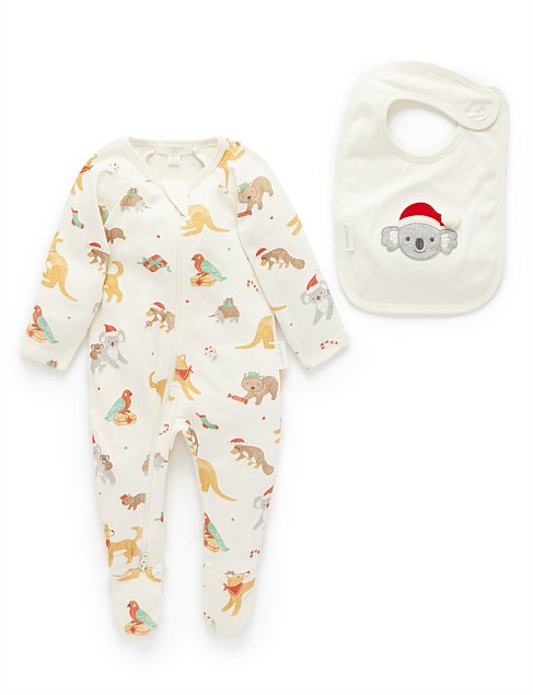 Purebaby Christmas Zip Growsuit and Bib Set | David Jones