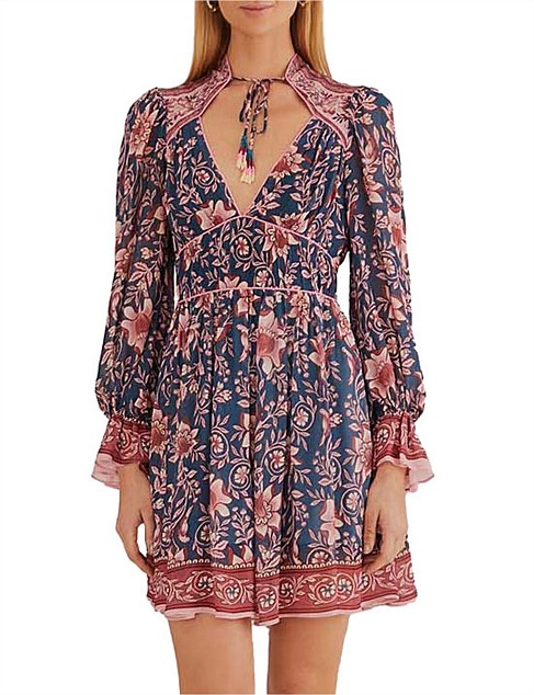 Farm Rio Ainika Charm Teal Long Sleeve Mini Dress | David Jones