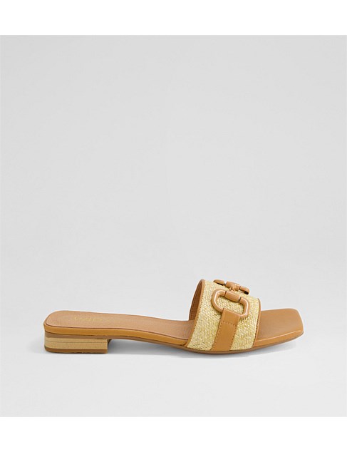 Midas Kazzel Dark Tan Natural Synthetic Raffia Leather Slides | David Jones