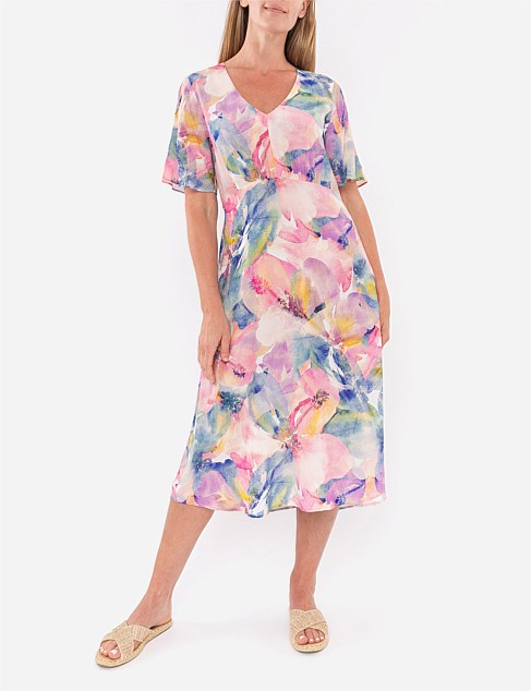 Jump Watercolour Bloom V Neck Flutter Dress | David Jones