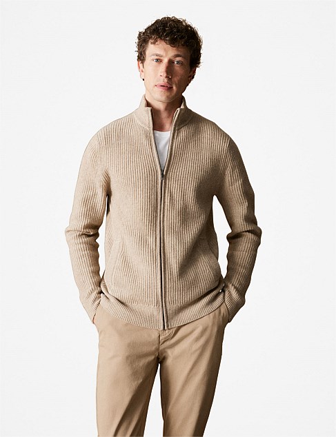 Trenery Merino Plaited Rib Zip Through Cardigan | David Jones