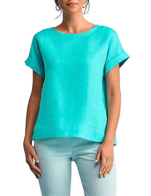 Blue Illusion Linen Button Back Top | David Jones