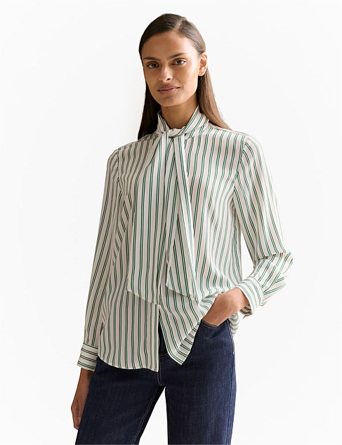 Trenery Silk Striped Tie Neck Shirt | David Jones