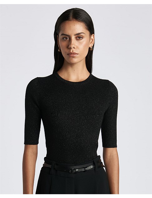 Cue Soft Lurex Short Sleeve Rib Knit | David Jones