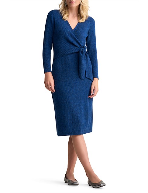 Blue Illusion Wrap Detail Knit Dress -Cobalt | David Jones