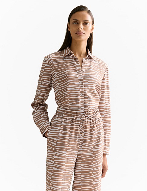 Trenery Linen Abstract Geo Print Long Sleeve Shirt | David Jones