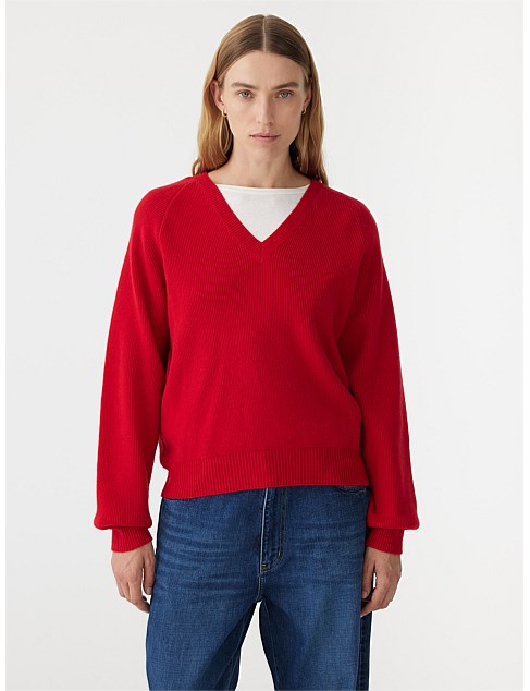 Bassike Zip Detail V Neck Knit Red | David Jones