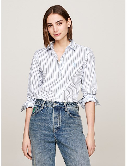 Tommy Hilfiger Script Logo Embroidery Stripe Regular Shirt | David Jones