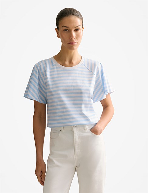 Trenery Cotton Interlock Stripe Raglan T-shirt | David Jones