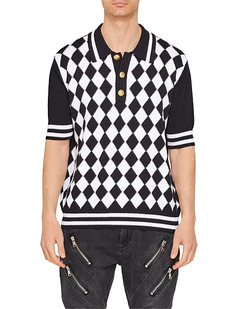 Balmain Diamond Cotton Polo With Gold Buttons | David Jones