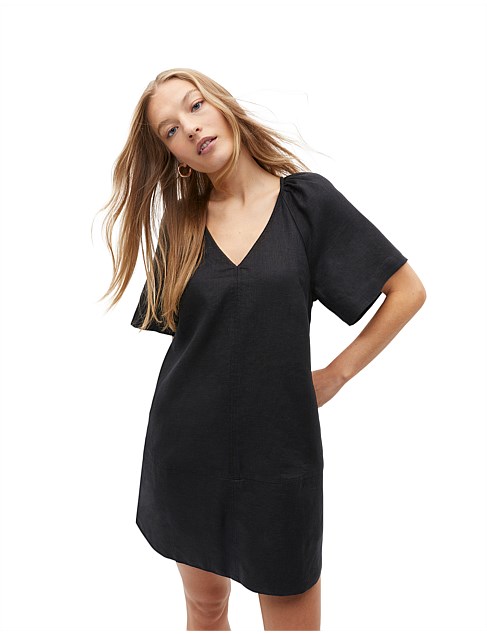 Seed Heritage Linen V Neck Flutter Sleeve Mini Dress | David Jones
