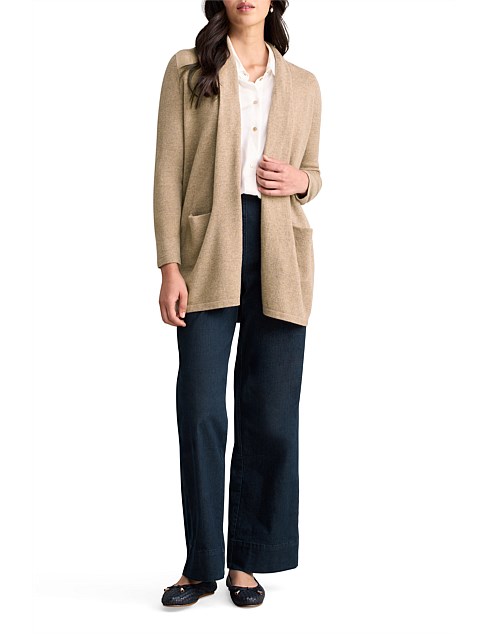 Blue Illusion Long Line Wool Cardigan -Taupe Marle | David Jones