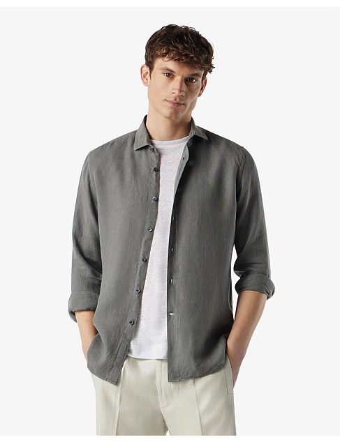 Corneliani Couture Fit Washed Linen Shirt With One-piece Collar | David ...