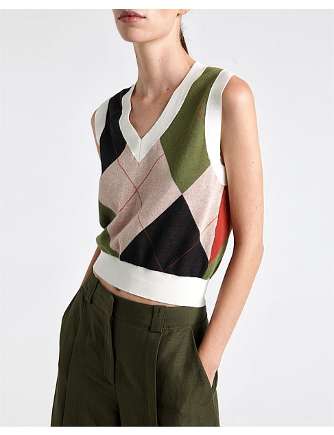 Cue Argyle V-neck Vest | David Jones